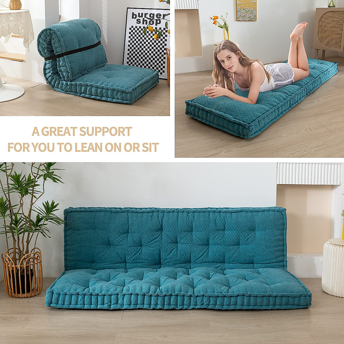 MAXYOYO Daybed Futon Mattress Window Seat Cushion, Cot Size Single Futon Mattress, Portable Roll Up Camping Mattress Long Cushion Sleeping Pad for Couch Travel Car, Turquoise, 75" x 30"