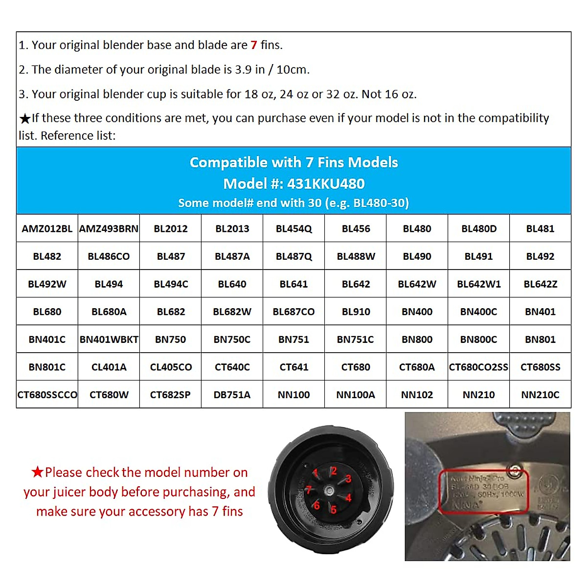 for Ninja Blender Blade Replacement Parts 7 Fins Compatible with Nutri Ninja Auto iQ BL450-30 BL642-30 BL482-30 BL682-30 SS401 with Silicone Rubber Gaskets Seal Ring Mixer Attachment, Updated