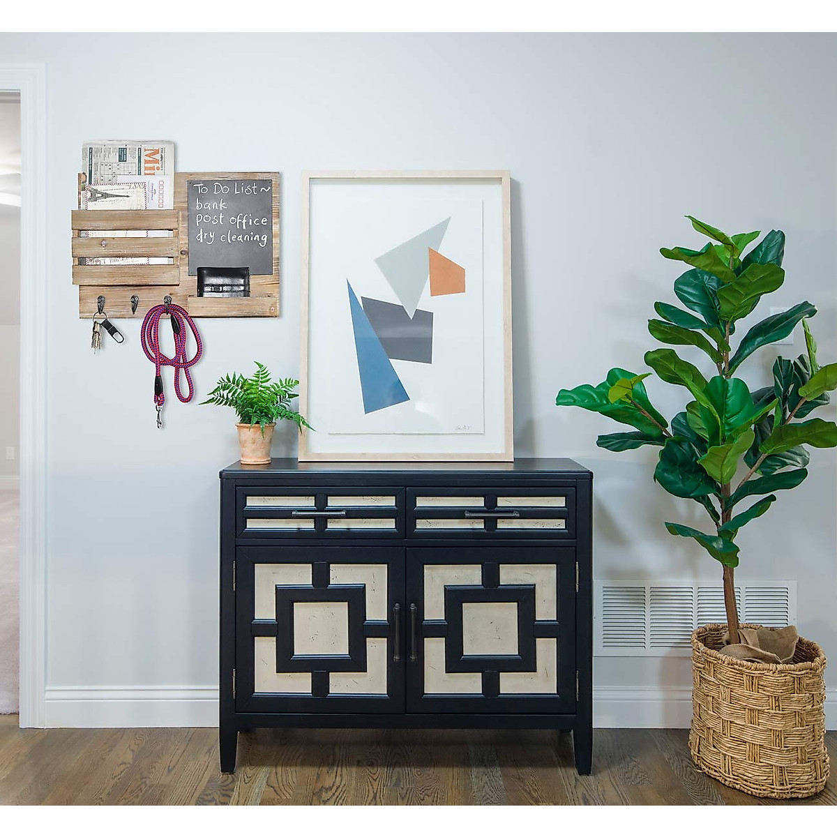 DUCIHBA Key Hooks Holder, Entryway Mail Sorter Envelope Organizer Chalkboard, Leash Purse Hanging Rack, Home Decorative Wall Floating Shelf, 16.5” W x 12" H x 4” D, Rustic Wood Grey