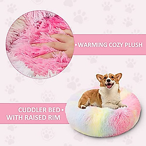 Luciphia Round Dog Cat Bed Donut Cuddler, Faux Fur Plush Pet Cushion for Large Medium Small Dogs, Self-Warming and Cozy for Improved Sleep Gradient Rainbow, Small (20" x20")