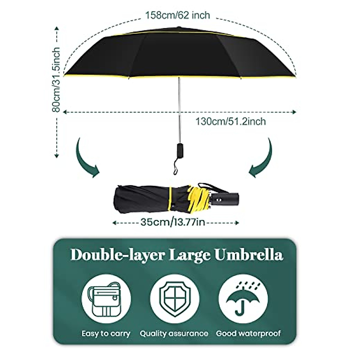 Kalolary Extra Large Golf Umbrella Automatic Open Folding Umbrella Windproof Compact Large Double Canopy Umbrella Travel Folding Umbrella Strong Oversized Rain Umbrellas for Home Family Use (Black)