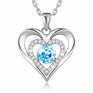 925 Sterling Silver Heart Necklace for Women Love Pendant Shiny Large Creat Aquamarine Birthstone Necklace Jewelry Valentine's Day Birthday Mothers Day Gifts for Mom Her Women Wife