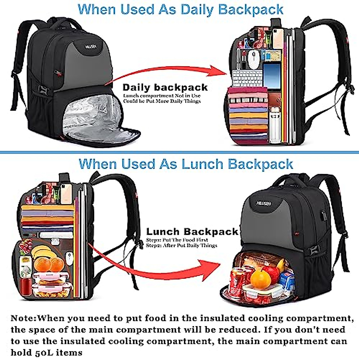 Lunch Bag Backpack, Insulated Cooler Lunch Box Backpack, Extra Large 17inch Travel Laptop Backpack 50L with USB Charging Port, Water Resistant Big work Backpack for Men Women , Grey