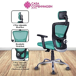 Casa Copenhagen California Chair with Adjustable Lumbar Support, High-Back Mesh Computer Chair - Headrest, Soft Sponge Cushion, Swivel Desk Task Chair for Work or Home - Teal