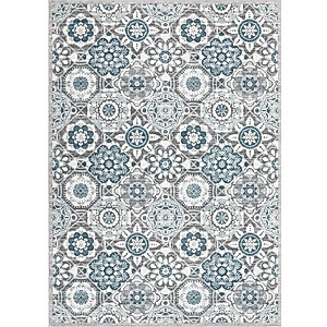 Micgeek 5X8 Area Rugs for Living Room - Washable Large Bohemian Low Pile Stain Resistant Floral Rug Soft Non Slip Neutral Indoor Floor Rugs for Bedroom Kitchen Dining Room Home Office,Grey/Blue