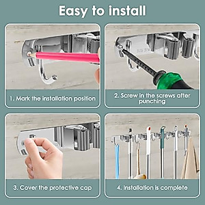 US Broom Holder Wall Mount Stainless Steel Mop and Broom Holder with 5 Racks and 6 Hooks Effective Broom Organizer Versatile Broom Hanger Wall Mount for Kitchen Closet Laundry Room Pantry(1)