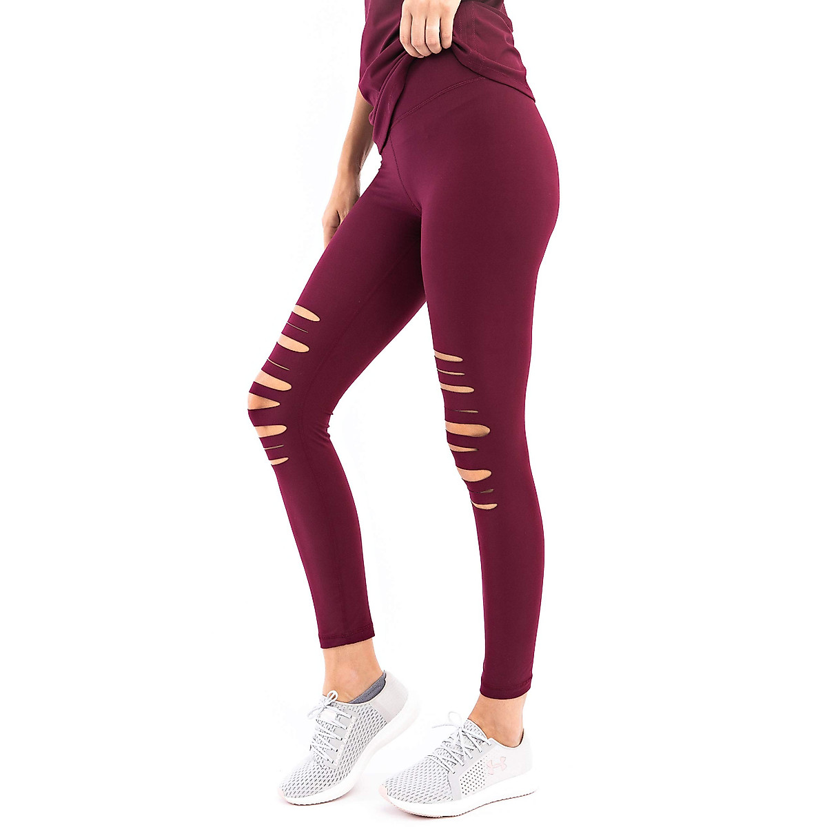 Hype Up Women's High Waisted Ripped Super Buttery Soft Active Wear Full Length Leggings with Inner Pocket (S-3X) Burgundy