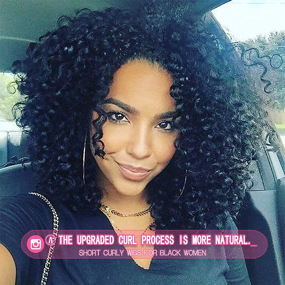 rosmile Curly Wigs for Black Women - Natural Black Synthetic African American Full Kinky Curly Afro Hair Wig with Bangs