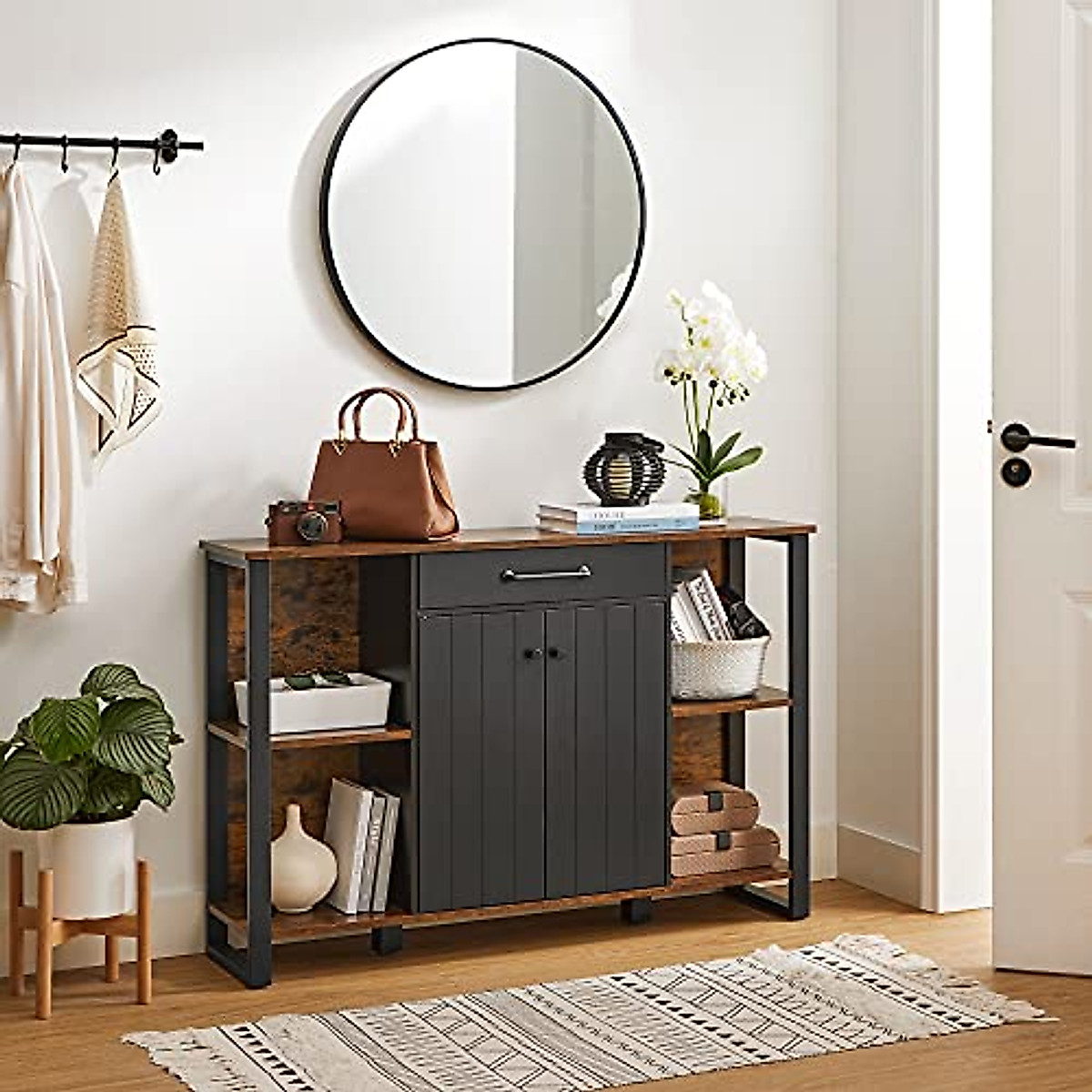 VASAGLE Buffet Cabinet, Kitchen Sideboard, Storage Organizer with Drawer, Shelves, Door, for Living Room Hallway, Rustic Brown and Black ULSC103B01