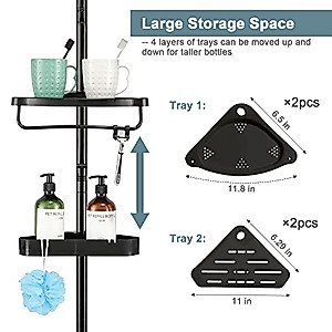 Corner Shower Caddy Tension Pole - Shower Organizer Tension Pole with 4 Shelves,Rust Resistant Stand Tension Rod Shower Caddy for Bathtub,Bathroom,RV,Kitchen Storage - Black,54-114” Adjustable