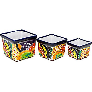 Enchanted Talavera Handmade Mexican Pottery Talavera Ceramic 3 Piece Set Succulent Pot Set Mini Flower Planter Cactus Pot Home Office Desk Décor Gift Small Shelf Desk Window Pottery (Multi-Color)