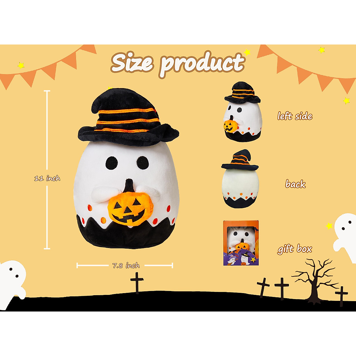 Ziyutam Halloween Ghost Pumpkin Stuffed Animal Trick or Treat 9.4" Halloween Plushies Ghost Plush Toys Halloween Ghost Pillow Gifts for Boys Girls Spooky Indoor Outdoor Home Party Decorations