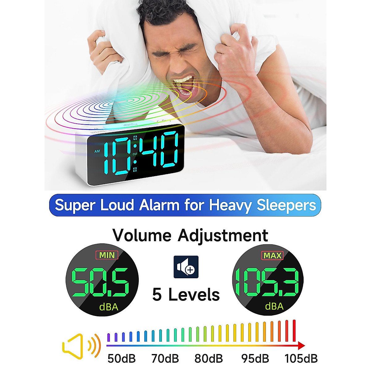 Cadmos Super Loud Alarm Clock for Heavy Sleepers Adults,Digital Clock with 7 Color NightLight,Adjustable Volume,USB Charger,Small Clocks for Bedrooms,Ok to Wake Up for Kids,Teens (White+RGB)