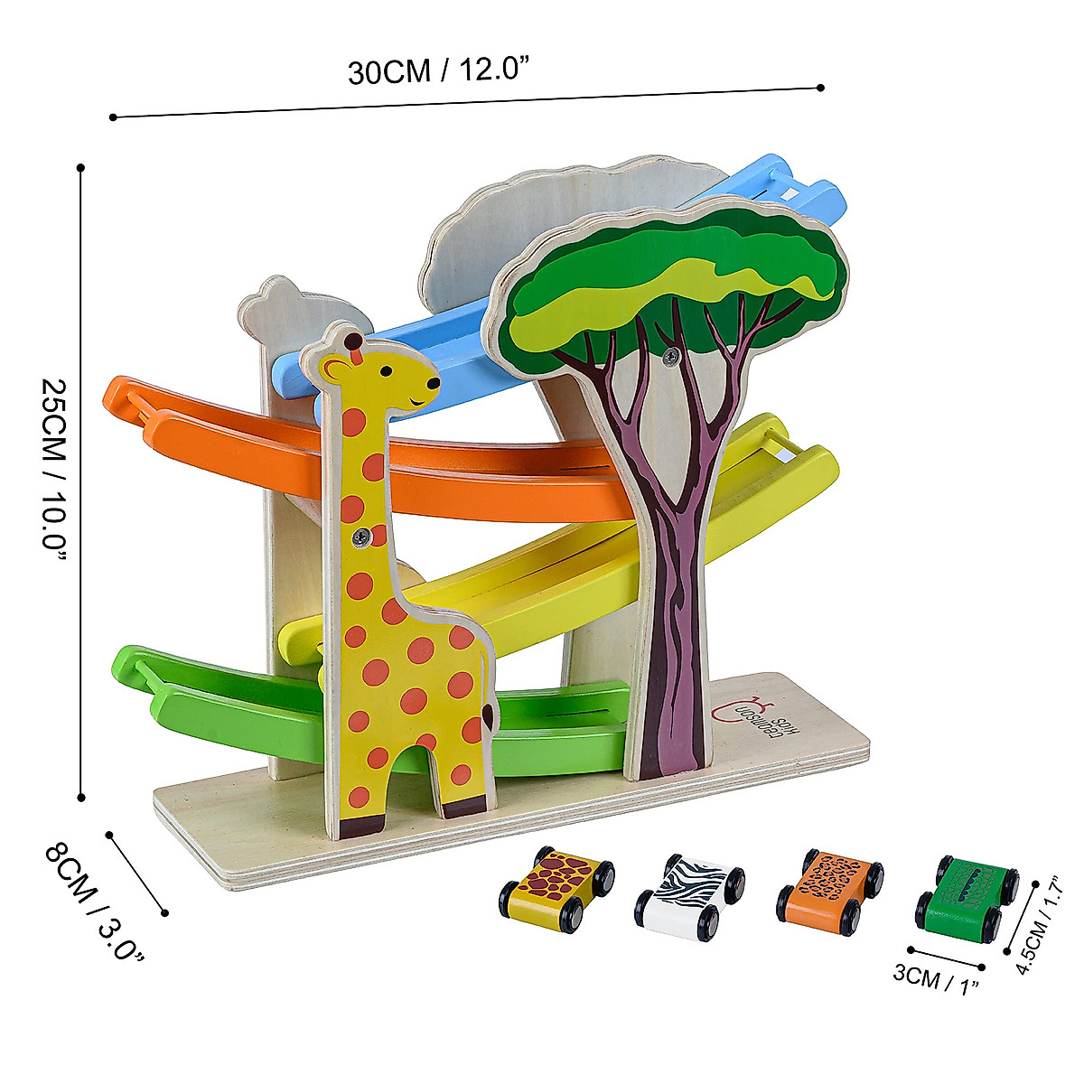 Teamson Kids Preschool Play Lab Wooden Safari Ramp Racer with Animal Print Cars, Multicolor