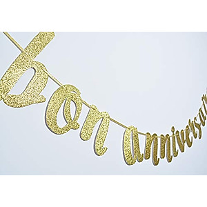 Bon Anniversaire Banner for Happy Birthday Party Decorations French Theme Sign Photo Backdrop (Gold Glitter)