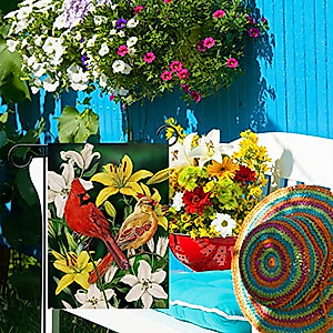 Furiaz Decorative Cardinal Flower Spring Small Garden Flag Double Sided, Red Yellow Birds Home Floral Lily Burlap Outside House Yard Decoration, Summer Green Seasonal Outdoor Décor Flag 12.5 x 18
