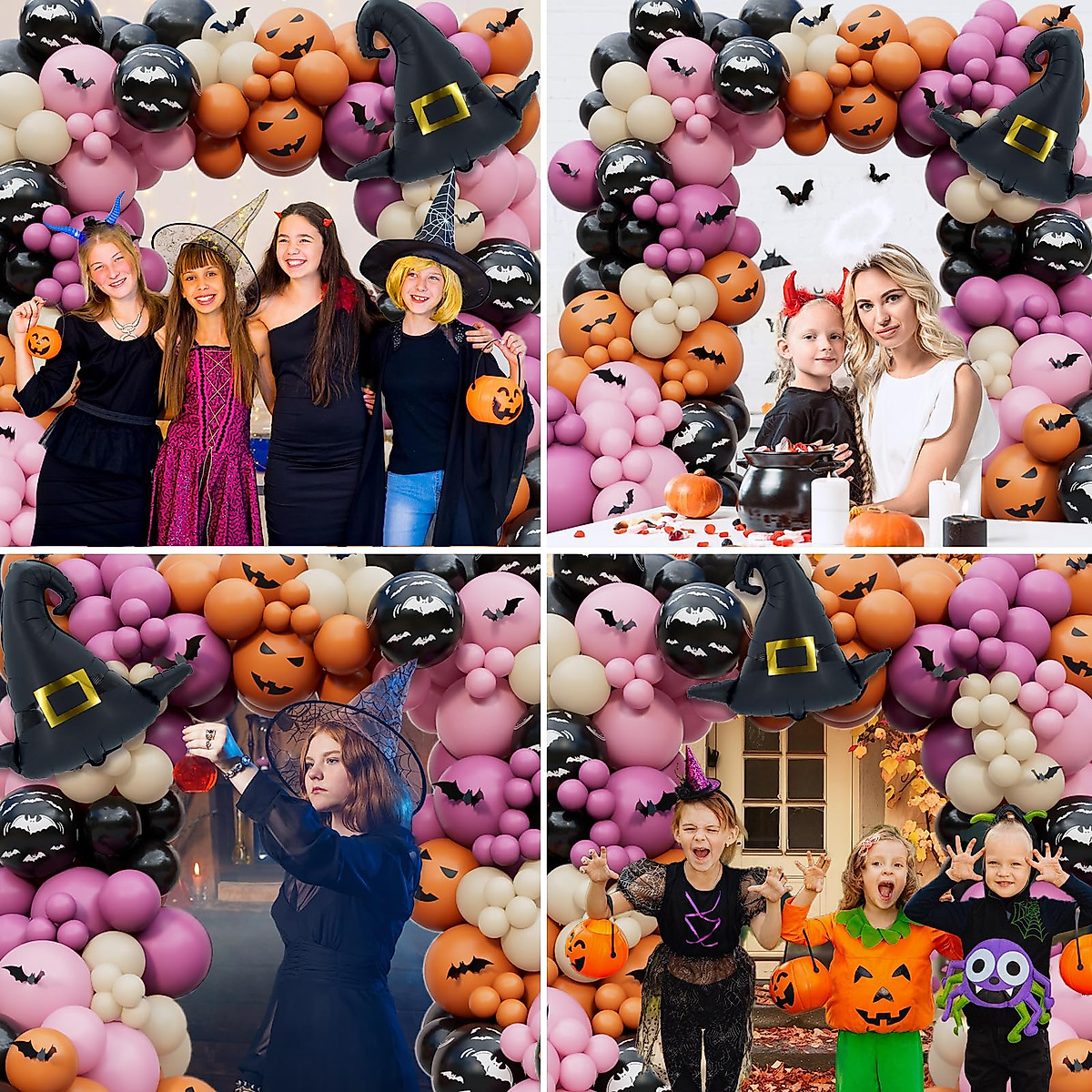 196Pcs Halloween Balloons Garland Arch Kit with Spider Ghosts Foil Balloons Pink Black Orange Sand White Balloons for Kids Halloween Spooky Costume Party Decorations