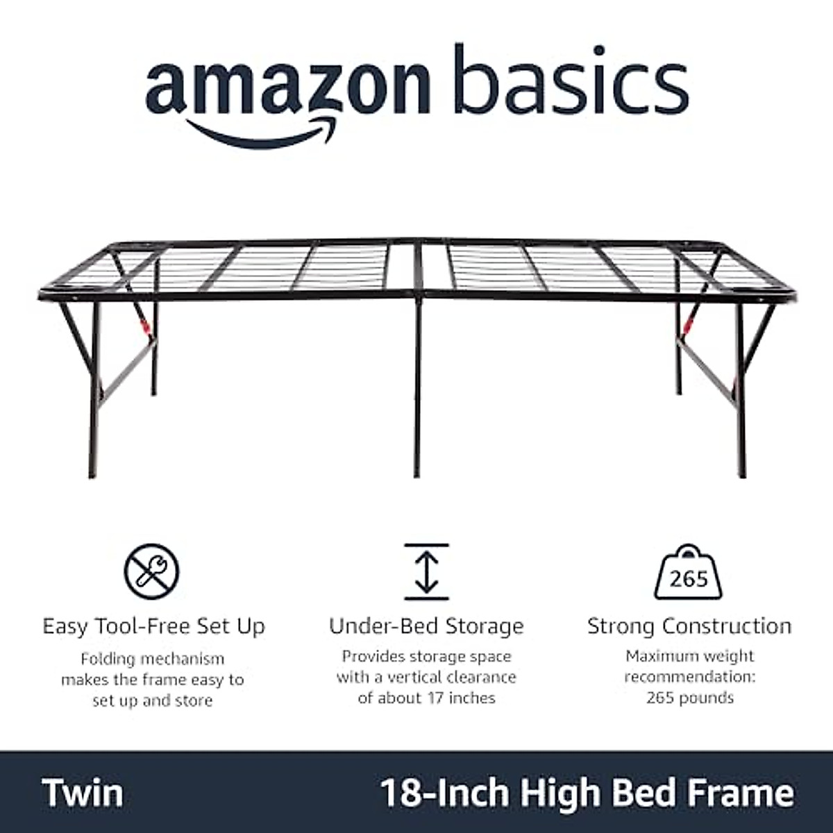 Amazon Basics Foldable Metal Platform Bed Frame with Tool Free Setup, 18 Inches High, Sturdy Steel Frame, No Box Spring Needed, Twin, Black