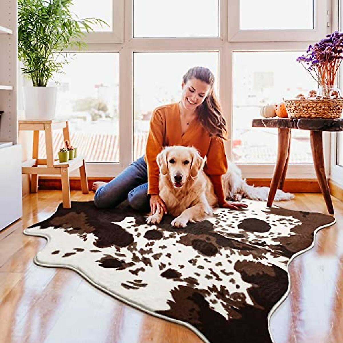 Kimicole Cute Cow Print Rug Faux Cowhide Rug, Upgraded Fluffy Animal Printed Area Rug for Living Room Bedroom Office Western Decor, Luxury Animal Print Carpet Non-Slip, Brown and White, 4.6ft x 5.2ft