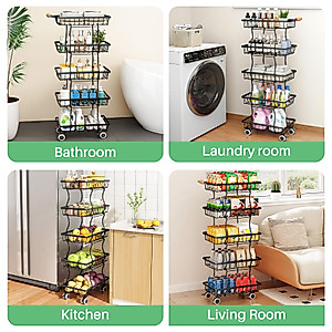 5 Tier Fruit Basket for Kitchen, Stackable Fruit and Vegetable Wire Basket with Wheels for Banana Onions and Potatoes Storage and Organization, Black