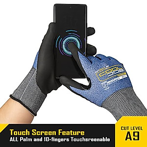 COOLJOB ANSI A9 Cut Resistant Gloves - 1/3 Pairs, Touchscreen Highest Knife Proof Level with Microfoam Nitrile Coated, Safety Work Gloves for Wood Carving, Glass Work, Construction, Blue XXL