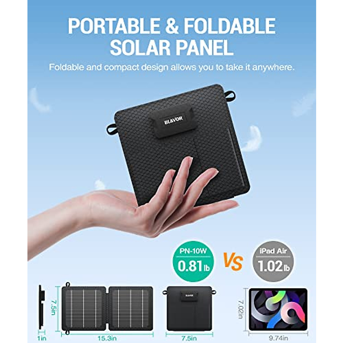 BLAVOR 10W Portable Solar Charger(5V/2A Max), Waterproof IP65 Foldable Solar Panel with Dual Smart USB Output Compatible with iPhone Xs/X/8/7, iPad, Samsung for Outdoor Hiking Camping Backpacking