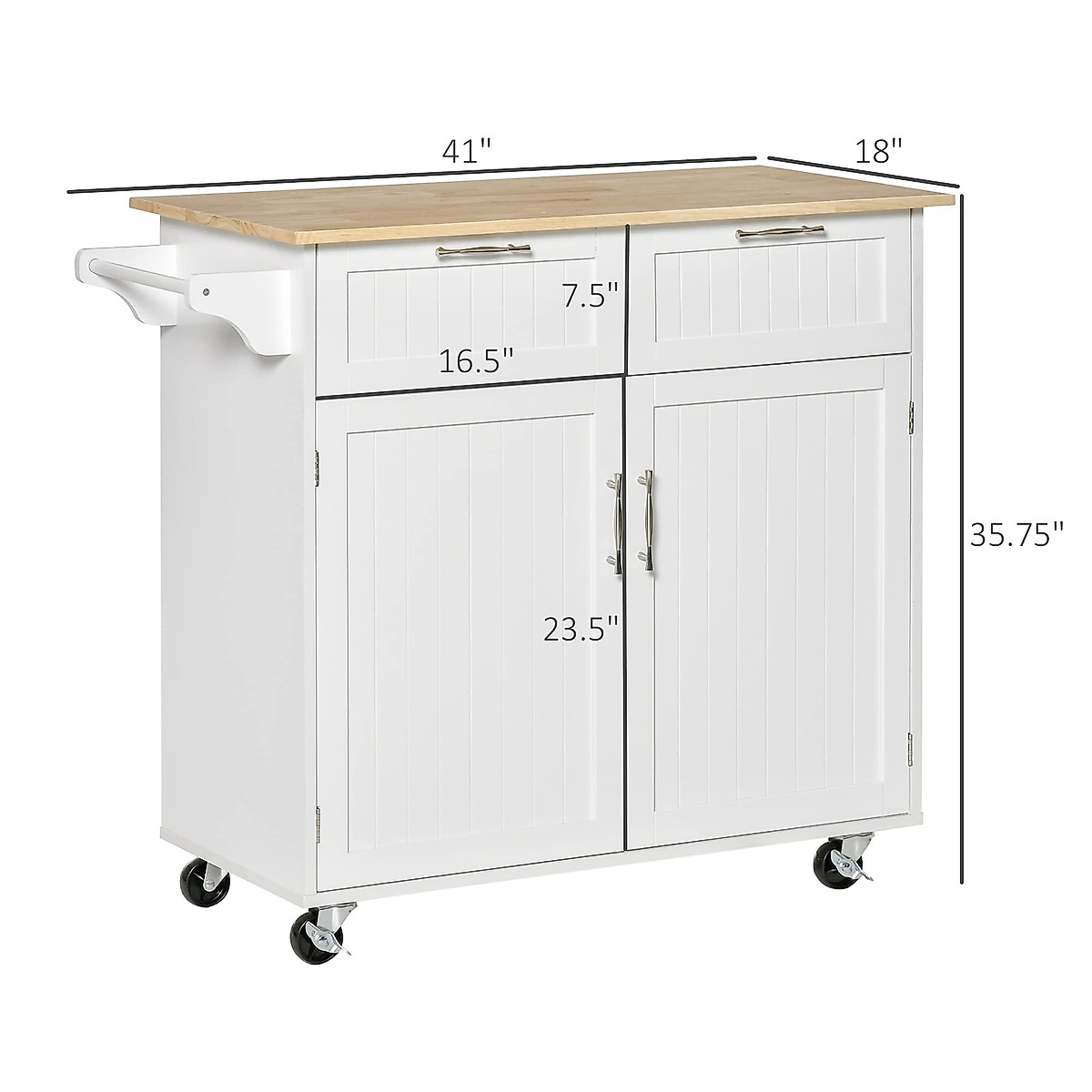 HOMCOM 41" Modern Rolling Kitchen Island on Wheels, Utility Cart Storage Trolley with Rubberwood Top & Drawers, White