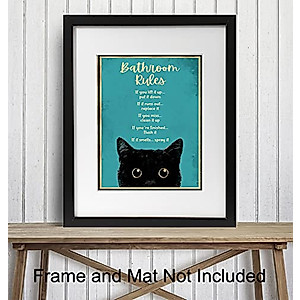 Bathroom Rules Wall Decor - Cat Bathroom Decor - Funny Bathroom Wall Art - Bath Wall Decor - Powder Room - Guest Bathroom - Restroom Sign - Blue Bathroom Decorations for Women, Kitty, Kitten Fan