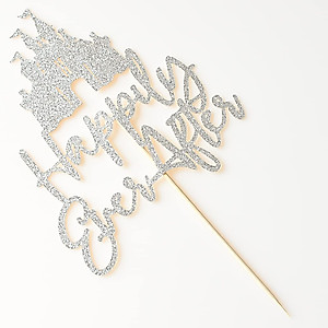Happily Ever After with Castle Cake Topper Cinderella Castle Wedding Cake Decoor Engagement Bridal Shower Party Decorations Silver Glitter