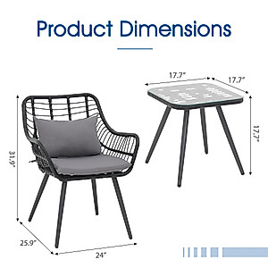wOod-it 3 Piece Patio Set, Outdoor Wicker Conversation Chair Sets, All-Weather Rattan Bistro Furniture Set with Glass Top Table, Cushions & Lumbar Pillows for Porch Balcony Deck Backyard Poolside