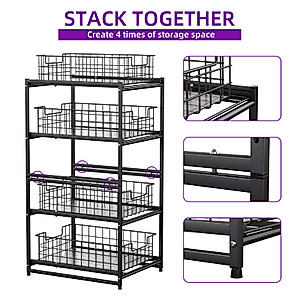 FixOwl Under Cabinet Sink Organizer with Sliding Drawer Under Bathroom Sink Storage Stackable Adjustable Height 2 Tier Countertop Organizer, 1 Pack, Black