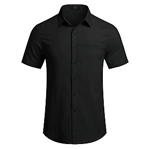 COOFANDY Mens Black Short Sleeve Button Down Shirts Summer Beach Linen Shirts Lightweight Resort Wear Shirts
