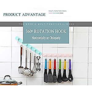 BOSGAS Adhesive Wall Hook with 6 Rotate Hooks,Wall Coat Rack, Perfect for Hanging Clothes Cooking Tool Towel in Kitchen and Bedroom, Easy to Use, Strong Bearing Capacity (Pink)