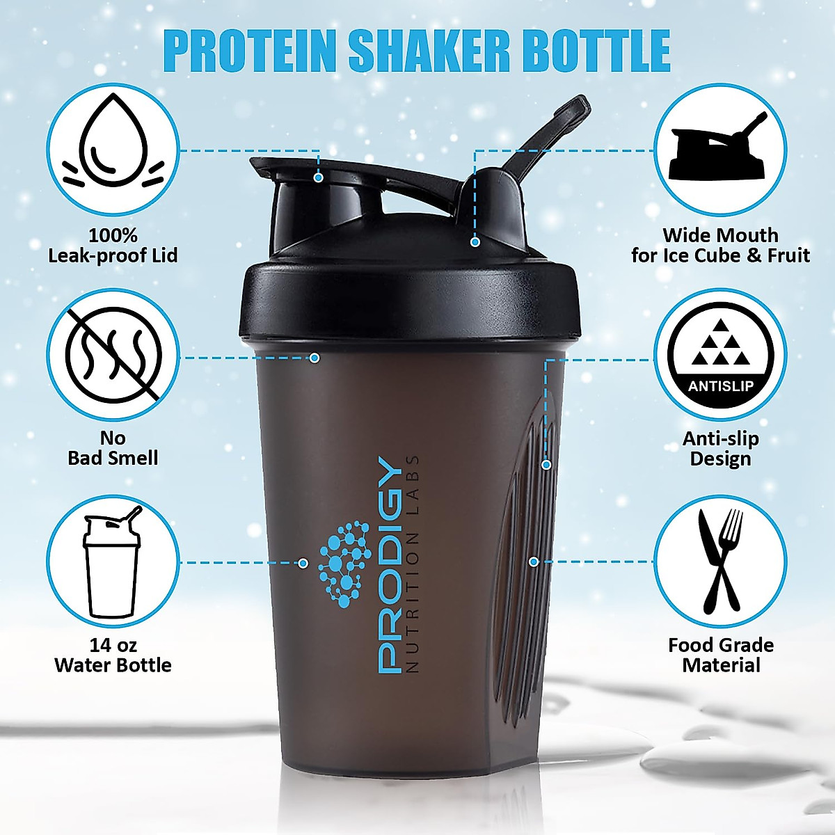 Prodigy Nutrition Labs Premium Shaker Bottle Perfect for Workout Supplements, Protein powder, Sports drinks, BPA Free, Portable Bottle for Fitness Enthusiasts Athletes -14 Ounce