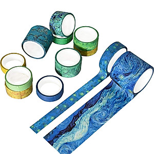 DAPUTOU Washi Tape Set of 12 Rolls,Van Gogh Starry Night Decorative Green Leaves Floral Blue Yellow Washi Masking Tape Sets for Craft,Kids,Scrapbook,DIY,Gift Wrapping(Yellow)