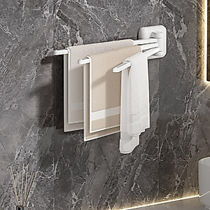 Qinlenyan Rotating Towel Stand Tiered Storage Holder Wall-Mounted Rack with 3 Poles 180 Degree Rotation Bathroom Bath Ball Kitchen Dish Rag Utensil Wardrobe White