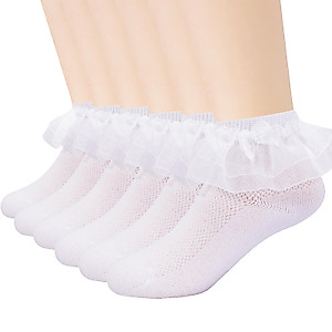 Looching 6 Pairls Baby Toddlers Girls Ruffle Frilly Socks Cotton Princess Lace Top Mesh Dress Socks with Bowknot