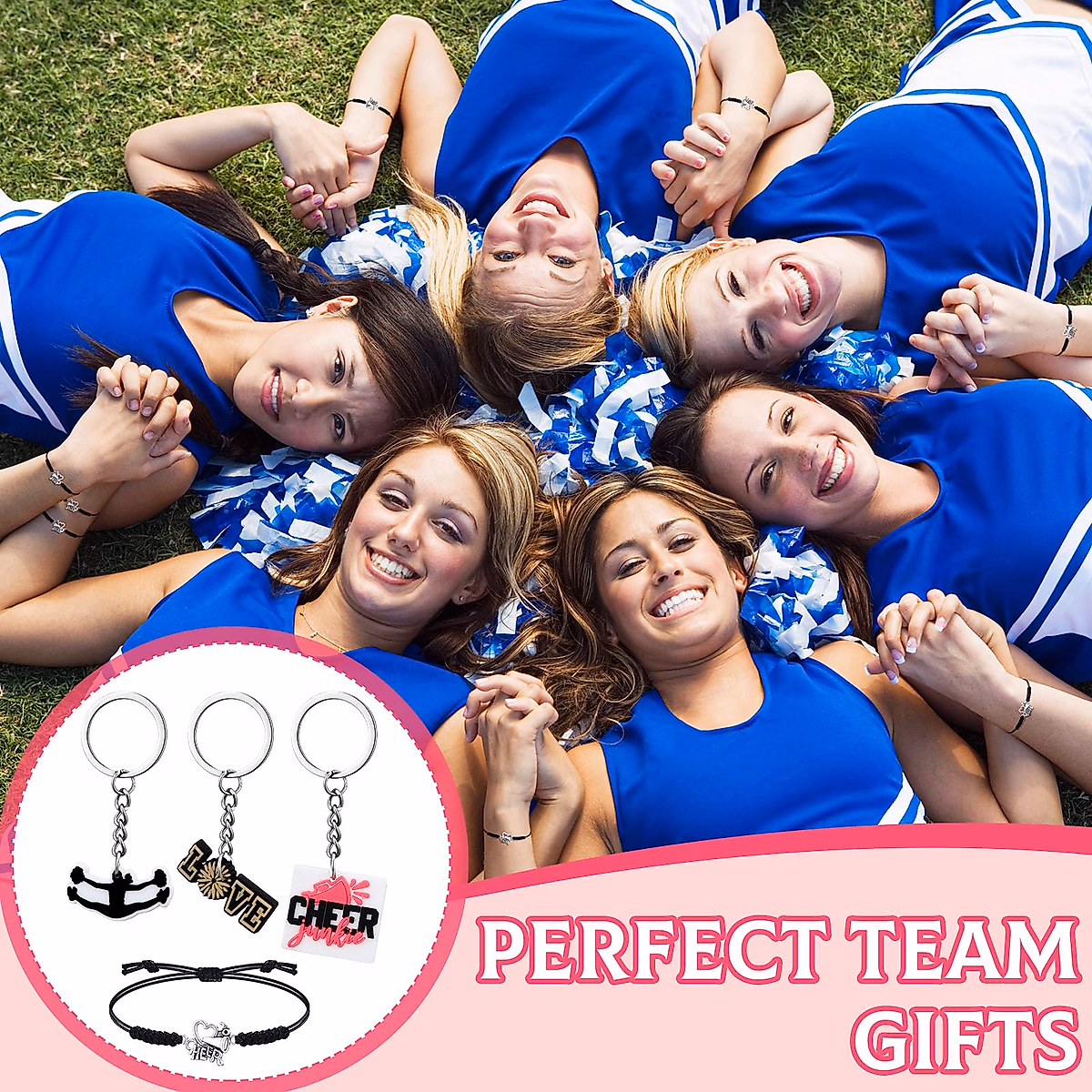 Sureio 48 Pcs Cheerleader Gifts Kit Cheer Stuff Bulk for Team, 24 Pcs Keychain and 24 Pcs Cheer Charms Bracelets Cheerleading Accessories Party Favors for Women Girls Teammates
