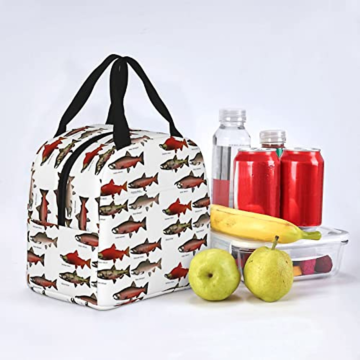 ASEELO Salmon Print Insulated Lunch Box Bag Portable Aluminum Foil Thickened Lunch Bag With Rice Tote Bag