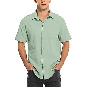 TUREFACE Shirts for Men Casual Button Down Short Sleeve Cotton Dress Shirt Big ANG Tall for Summer(Light Green,XL)