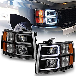ACANII - For 2007-2013 Chevy Silverado 1500 2500 3500 Black Housing LED Tube Projector Headlights Headlamps Left+Right