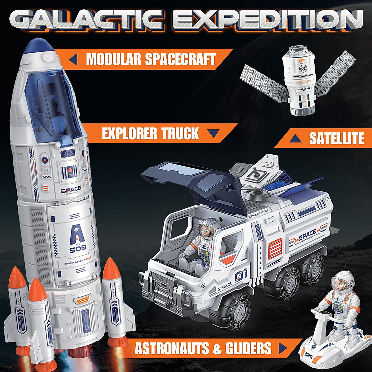 BLOONSY Rocket Ship Toys for Kids | Rocketship Space Shuttle Toys Model with Astronaut Figures | Space Toys for Kids 3 5 7 8 Years Old