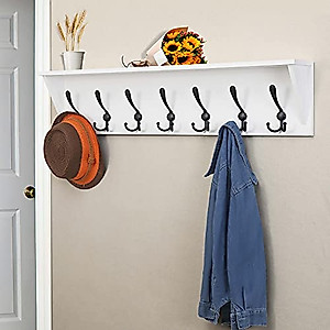 Dseap Coat Rack Wall Mounted Shelf with 7 Tri Hooks 35” Heavy Duty Wood Entryway Shelf with Hooks, Coat Hanger Shelf, White