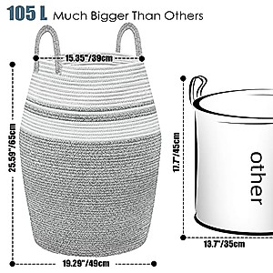 Large Laundry Hamper, Woven Rope Laundry Basket, 105L Blankets Storage Basket with Heavy Duty Handles for Clothes and Toys in Bedroom, Nursery Room, Bathroom