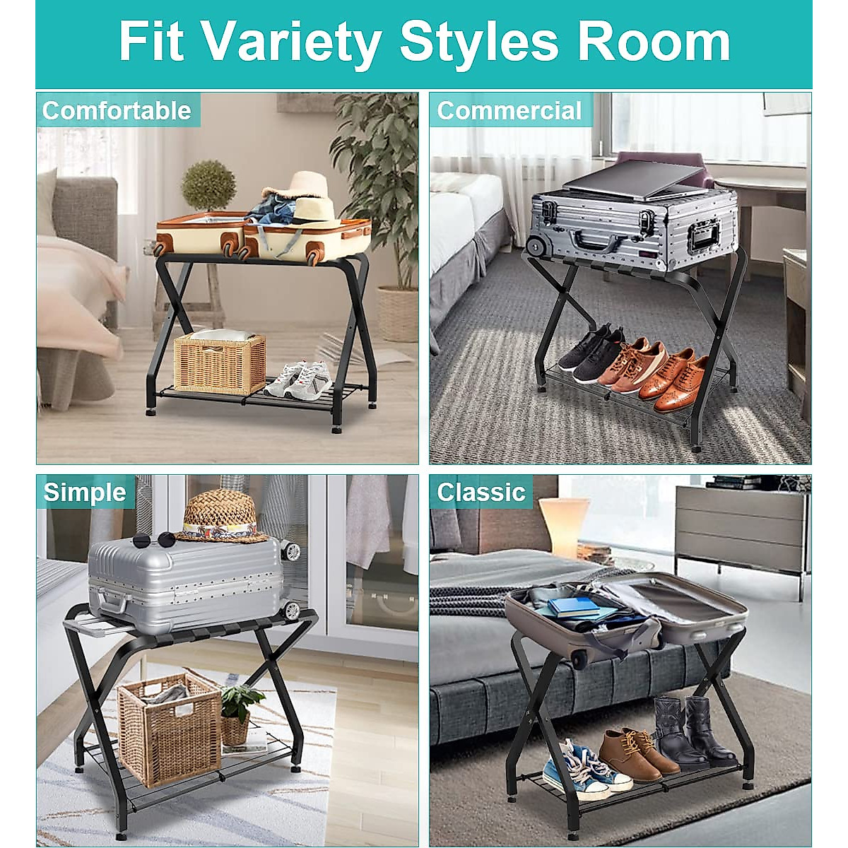 Whoonba Folding Luggage Rack with 2-tiers Storage Shelf, Foldable Steel Frame Luggage Organizers for Suitcase, Metal Luggage Holder for Guest room, Bedroom, Hotel, Closet, Black, 1pack