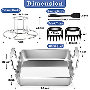LIANYU Roasting Pan with Beer Can Chicken Holder, Stainless Steel Roaster Pan for Grill Smoker or Oven, Heavy Duty Lasagna Veggies Cooking Tray, Plus Meat Claws & Brush, Dishwasher Safe, 5 Pieces