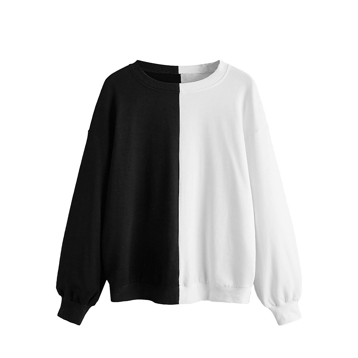 SweatyRocks Women's Crew Neck Color Block Long Sleeve Tunic Pullover Sweatshirt Top Black White XL