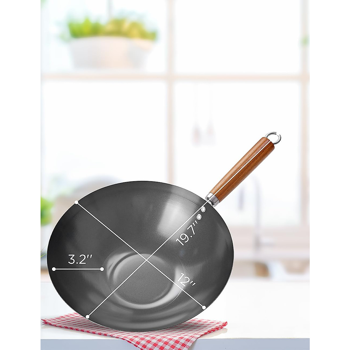 Commercial CHEF 12" Carbon Steel Wok with Acacia Wood Handle, Non Stick Stir Fry Pan with Ceramic Coating, Safe for Any Cooktop or Grill, Lighter and Cools Faster than Cast Iron
