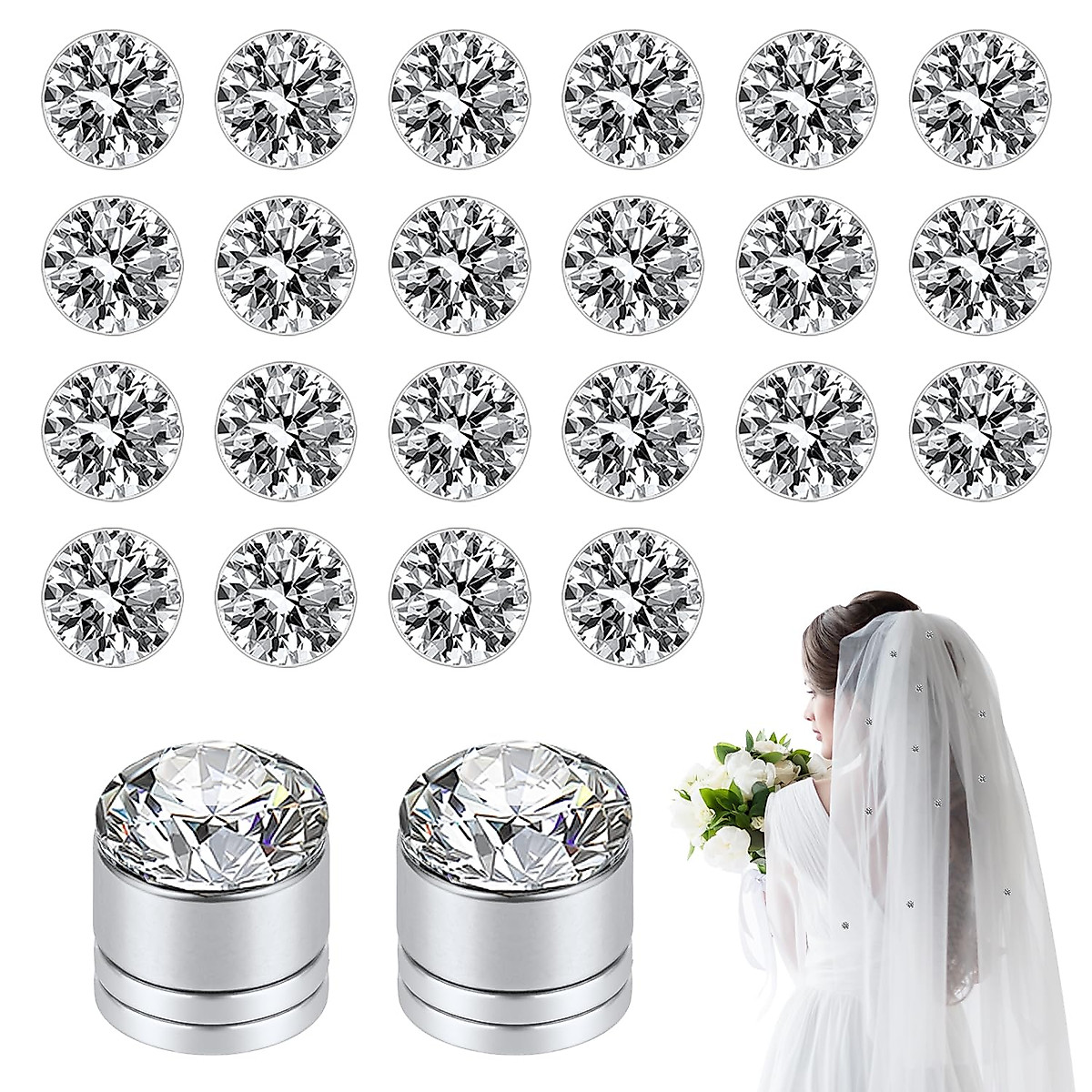 24pcs Veil Weights Wedding Magnetic Diamonds, Elegant Shiny Rhinestones Crystals Hijab Magnets for Clothes Scarves Women Girls Bridal Cathedral Wedding Dress Veil Accessories