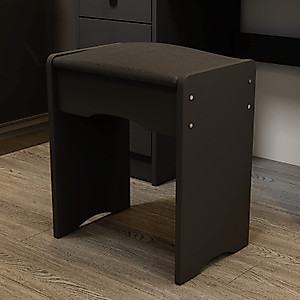 ECACAD Vanity Desk Set with Round Mirror, Makeup Dressing Table with 5 Drawers, Storage Shelves & Cushioned Stool for Bedroom, Black